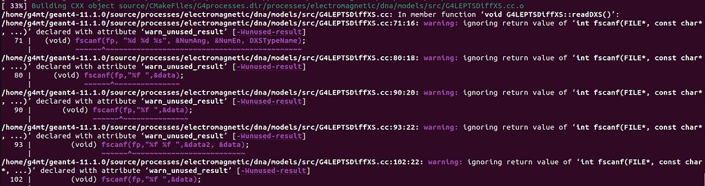 Warnings while compiling geant4 v11.1 - Getting Started - Geant4 Forum